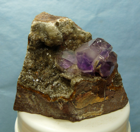 Amethyst Quartz Crystal Group with Calcite, on Basalt
